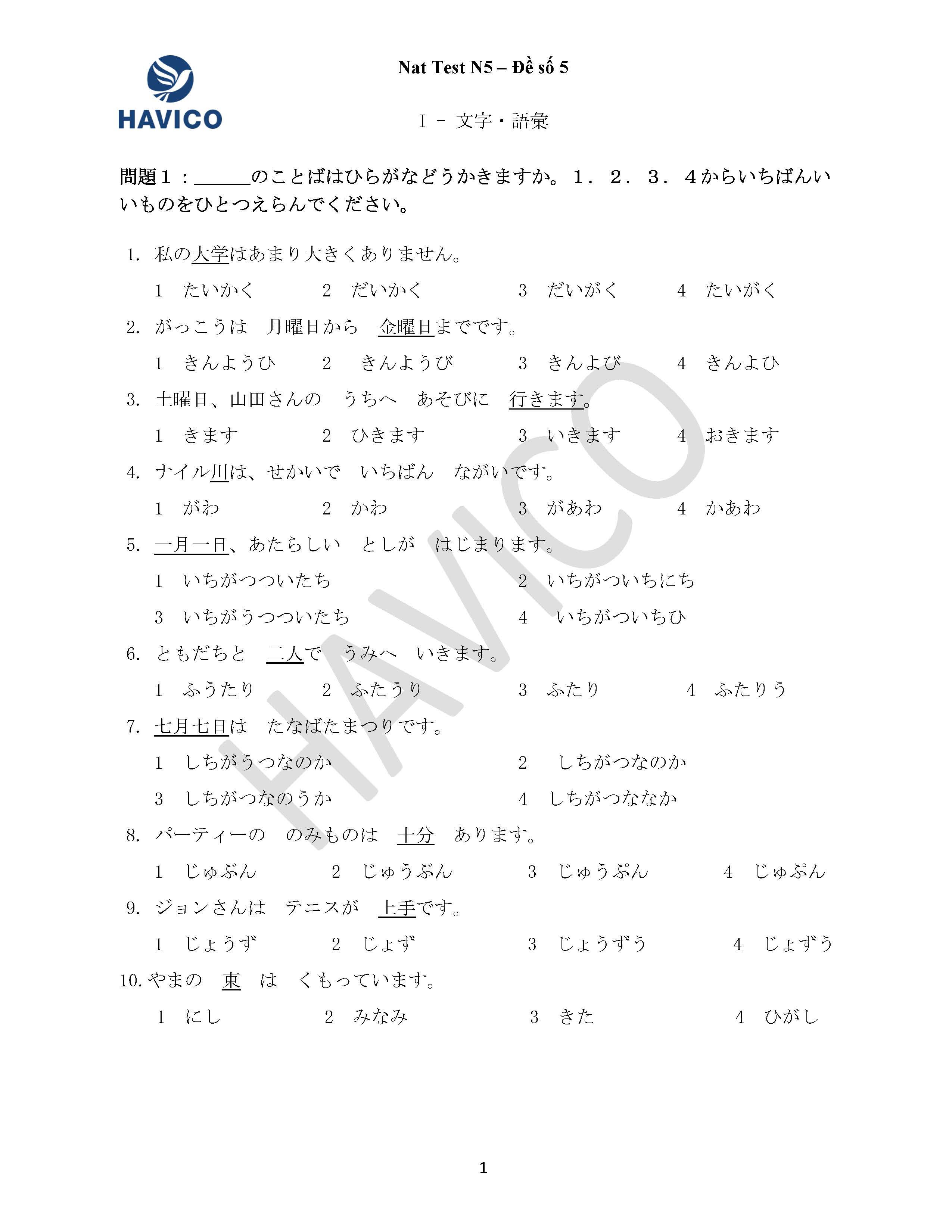 NAT-TEST - Đề số 5 - Du học HAVICO